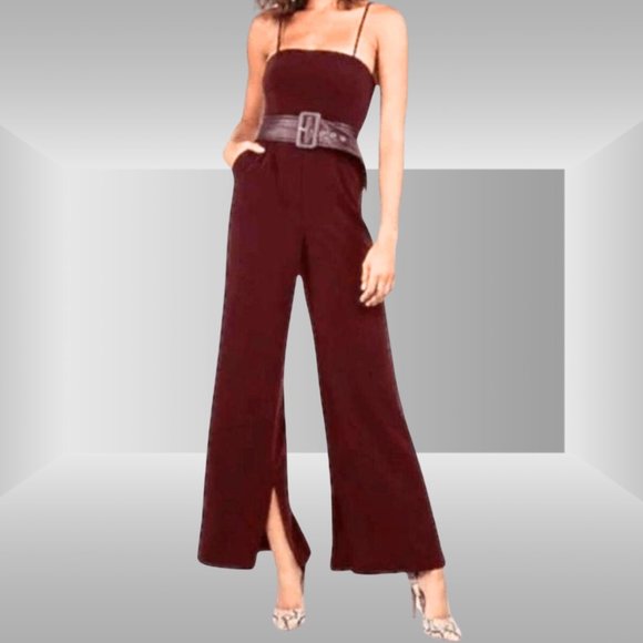 Express | Pants & Jumpsuits | Express Maroon Belted Wide Leg Jumpsuit ...